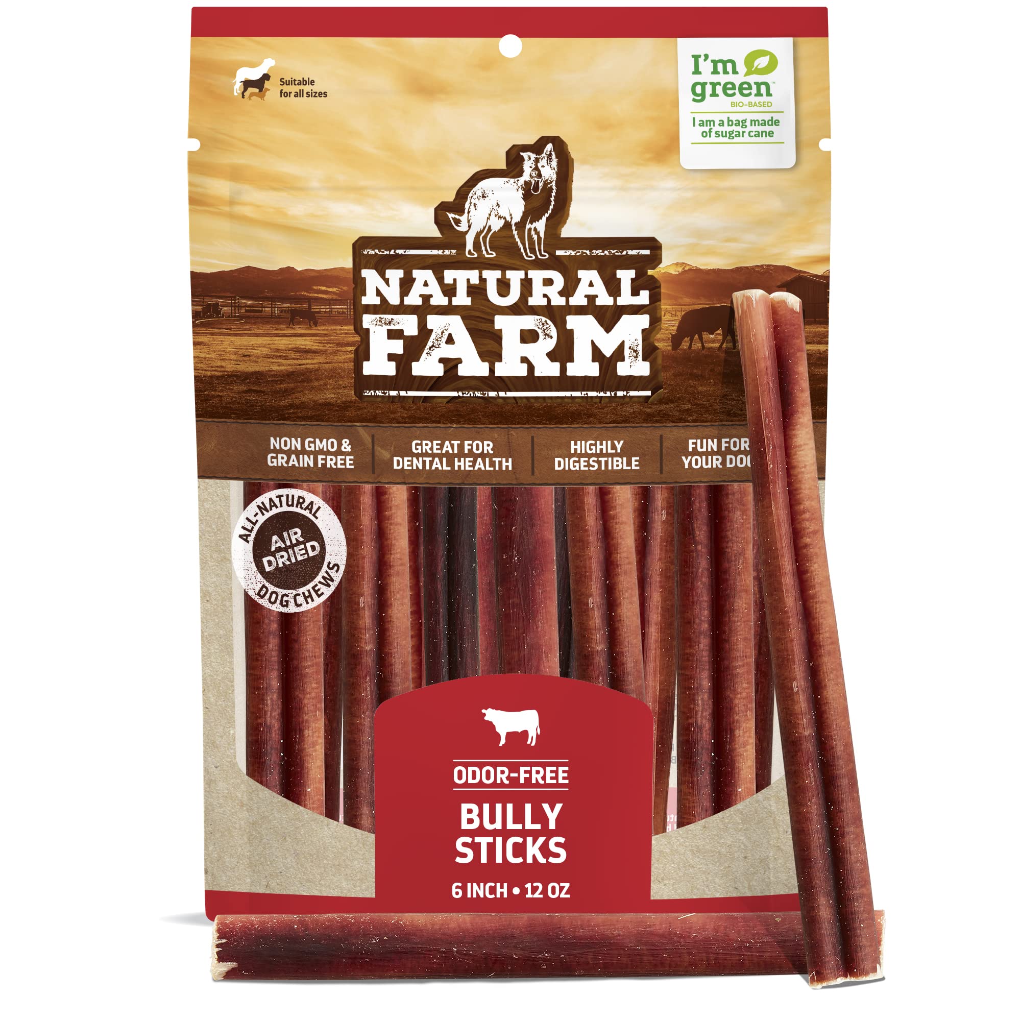 Natural Farm Bully Sticks, Odor-Free, (6 Inch, 12 Ounces), Packaged by Weight, 100% Beef Pizzle Chews, Grass-Fed, Fully Digestible Treats to Keep Your Puppies, Small and Medium Dogs Busy