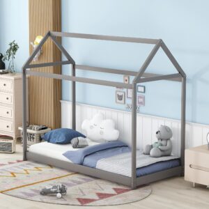 Twin Size House Bed, Wooden Daybed, Floor Bed for Toddlers, Teens, Girls, Boys, Kids House Bed Frame Can Be Decorated (Gray)