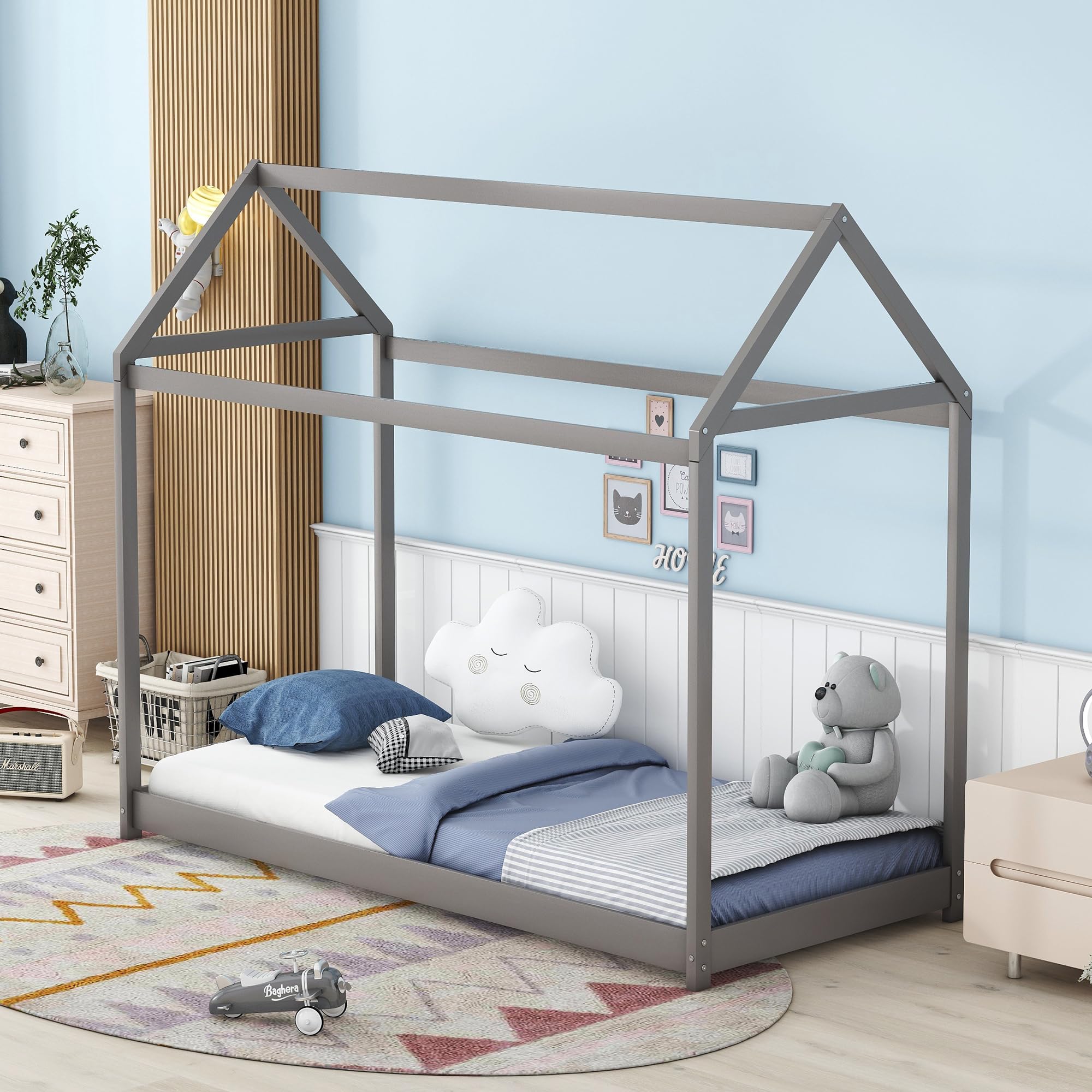 Twin Size House Bed, Wooden Daybed, Floor Bed for Toddlers, Teens, Girls, Boys, Kids House Bed Frame Can Be Decorated (Gray)