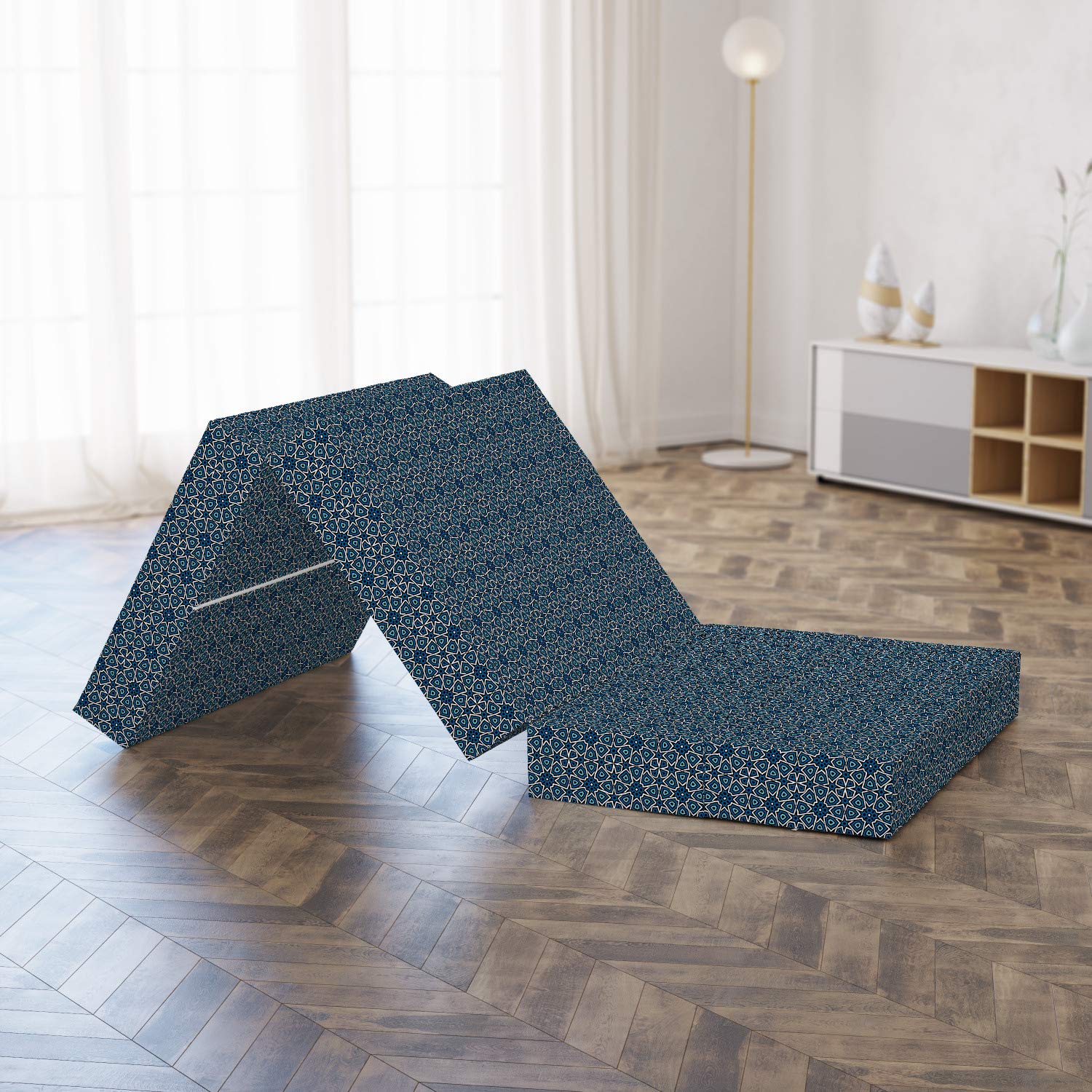 Ambesonne Oriental Foldable Mattress, Motif, 74.8" x 35.4", Turquoise Dark Blue