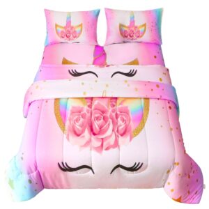 namoxpa unicorn bedding 3 piece flower girl comforter sets,cartoon unicorn bedspreads cute comforter sets for teens and girls,twin size