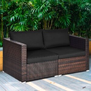 Tangkula Wicker Loveseat 2 Piece, Patio Furniture Couch with Removable Cushions, Rattan Loveseat Sofa for Balcony, Deck, Garden and Poolside