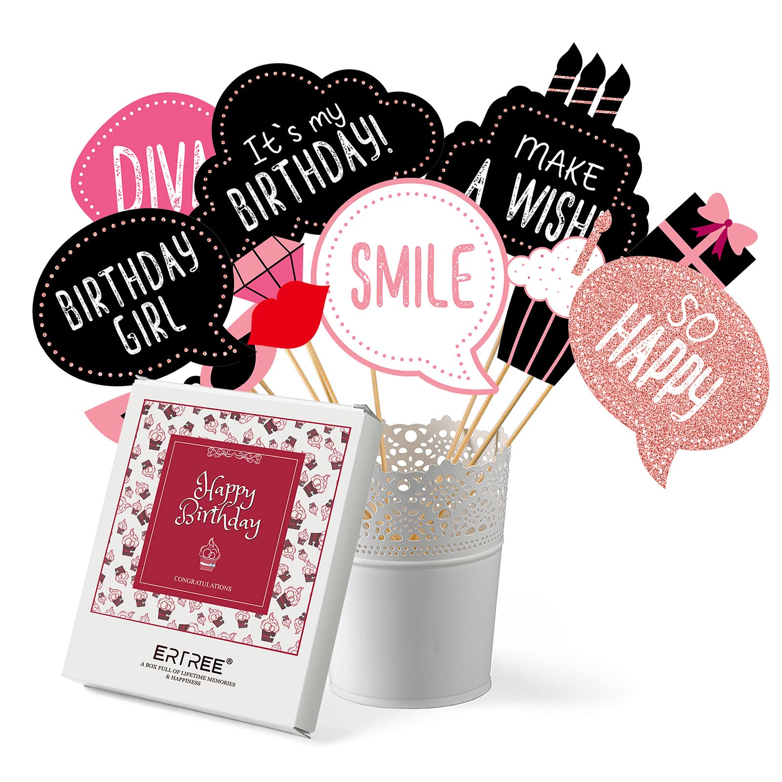 Birthday Photo Booth Props Kit - Happy Birthday Party Favors Supplies Bday Party Decoration Set with Real Glitter Cute Bday Designs for Women or Girls - Easy to Assemble 30 Pieces (Rose Gold)