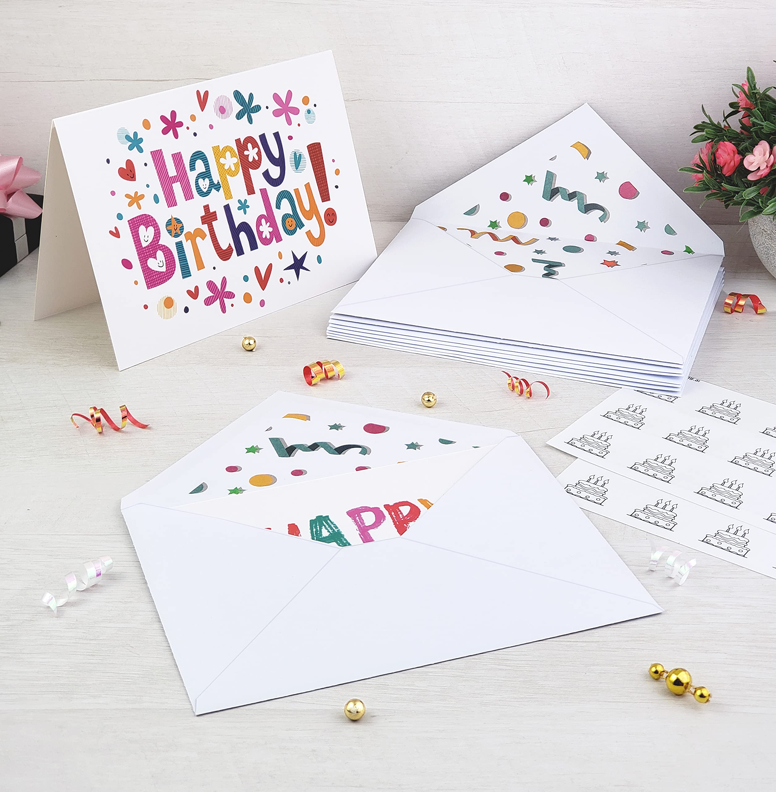 100 Happy Birthday Cards Bulk, Blank Inside with Envelopes and Stickers, – 20 Unique Bright Colorful Designs Notes, Large 5x7 Inches Folded, Thick Cardstock in a Sturdy Packaging