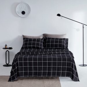 SLEEP ZONE Printed Plaid Twin Bed Sheets Set for Kids 3 Piece - Double Brushed Microfiber Super Soft Breathable Bedding Sheets with 16 inch Deep Pocket (White Grid Printed on Black)