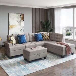 3 piece sectional sofa, l-shaped sofa couch, living room rivet modern upholstered set with ottoman and cushions (gray with chaise)