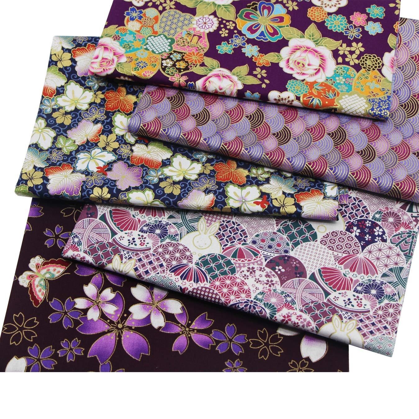 aufodara Crafts Quilting Fabric Cotton Squares Patchwork Bundle, 5PCS 50 x 50 cm Beautiful Bronzing Floral Gold Patterns Japanese Style Fabrics for Sewing Quilt DIY Artcraft Handwork (Purple)