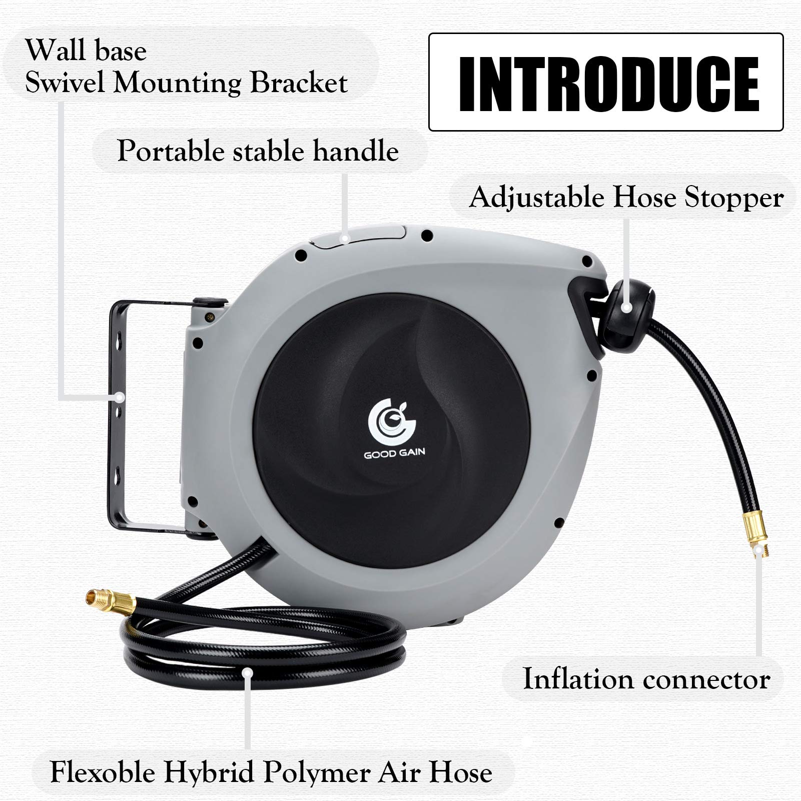 Air Hose Reel Retractable 3/8 in. x 50 ft Hybrid Polymer Hose, Retractable Auto-Rewind Enclosed Heavy Duty 180° Swivel Mount, Max 300PSI Commerical Polypropylene Grey