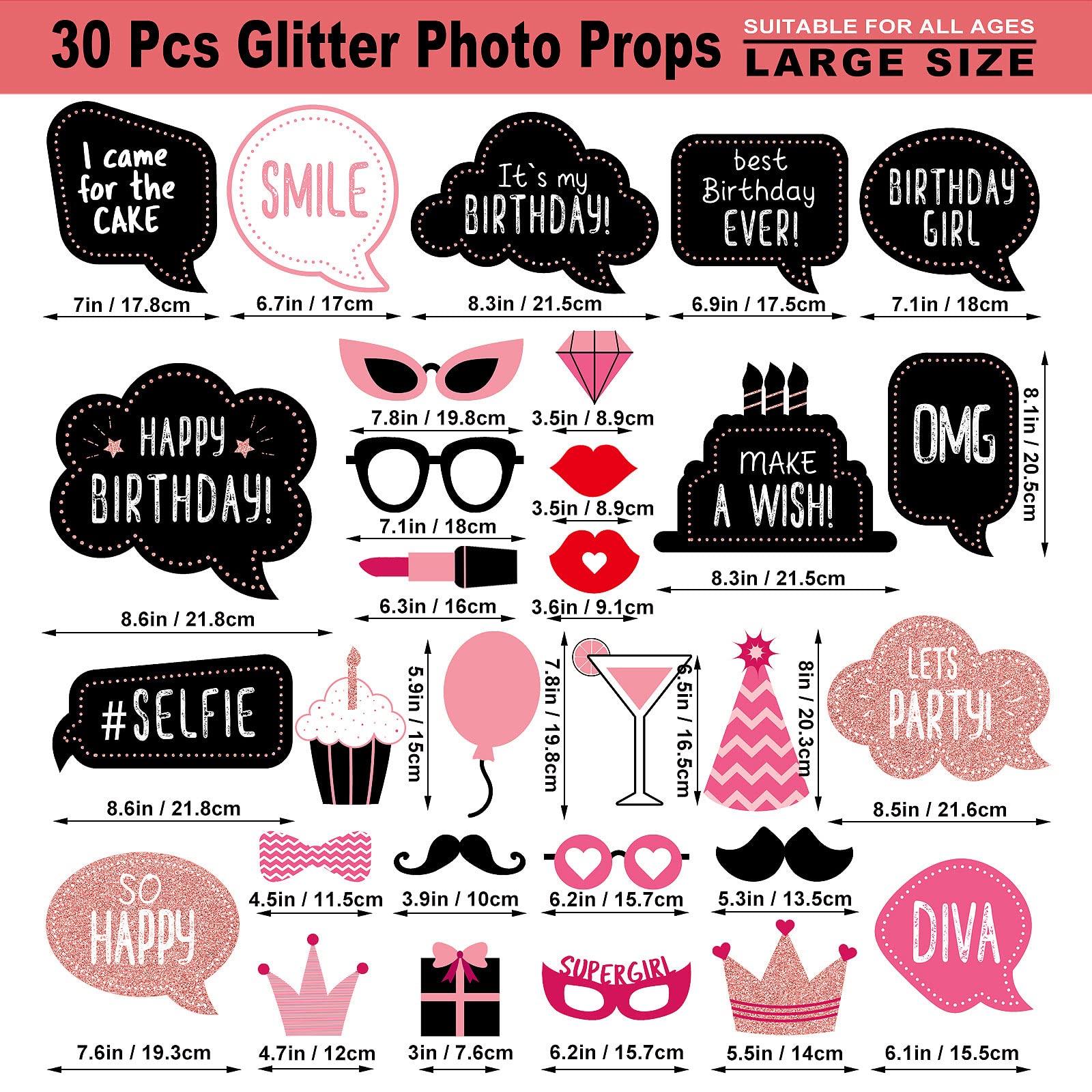 Birthday Photo Booth Props Kit - Happy Birthday Party Favors Supplies Bday Party Decoration Set with Real Glitter Cute Bday Designs for Women or Girls - Easy to Assemble 30 Pieces (Rose Gold)