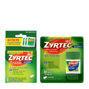 zyrtec 24 hour allergy relief tablets, indoor & outdoor allergy medicine with 10 mg cetirizine hcl antihistamine for allergies, bundle of one, 30 ct bottle & three,1 ct travel packs