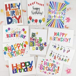 100 Happy Birthday Cards Bulk, Blank Inside with Envelopes and Stickers, – 20 Unique Bright Colorful Designs Notes, Large 5x7 Inches Folded, Thick Cardstock in a Sturdy Packaging