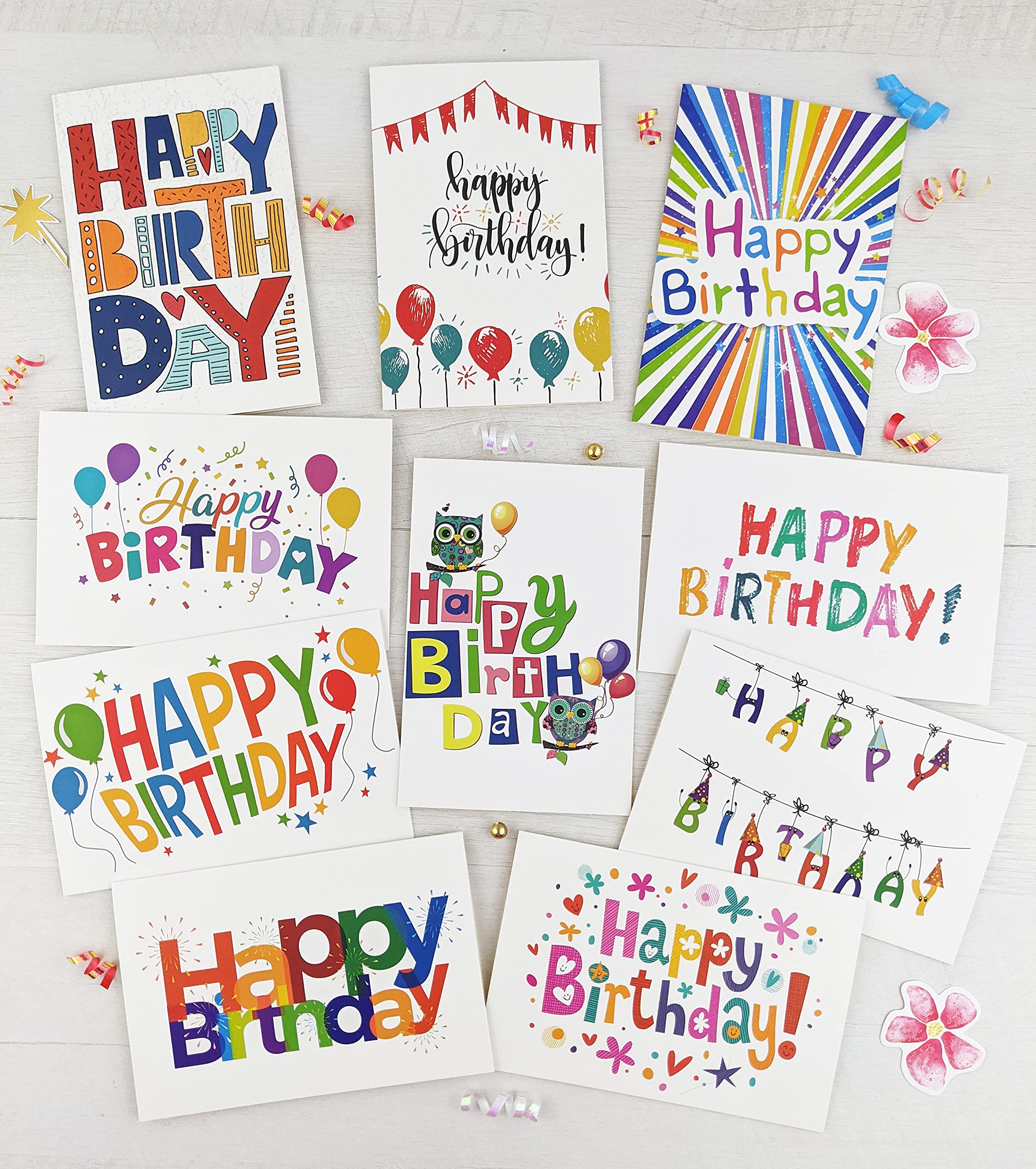 100 Happy Birthday Cards Bulk, Blank Inside with Envelopes and Stickers, – 20 Unique Bright Colorful Designs Notes, Large 5x7 Inches Folded, Thick Cardstock in a Sturdy Packaging