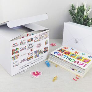 100 Happy Birthday Cards Bulk, Blank Inside with Envelopes and Stickers, – 20 Unique Bright Colorful Designs Notes, Large 5x7 Inches Folded, Thick Cardstock in a Sturdy Packaging