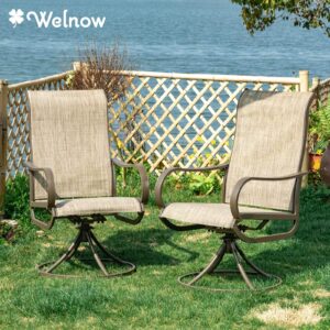 Welnow 2 Piece Linen Patio Swivel Dining Chairs Outdoor Kitchen Garden Metal Chairs, Patio Furniture Gentle Rocker Chair with Textilene Mesh Fabric, Brown, Set of 2