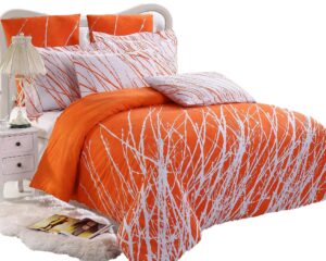 swanson beddings tree branches 5-piece 100% cotton bedding set: duvet cover, two pillow shams and two euro shams (orange-white, full)