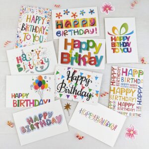 100 Happy Birthday Cards Bulk, Blank Inside with Envelopes and Stickers, – 20 Unique Bright Colorful Designs Notes, Large 5x7 Inches Folded, Thick Cardstock in a Sturdy Packaging