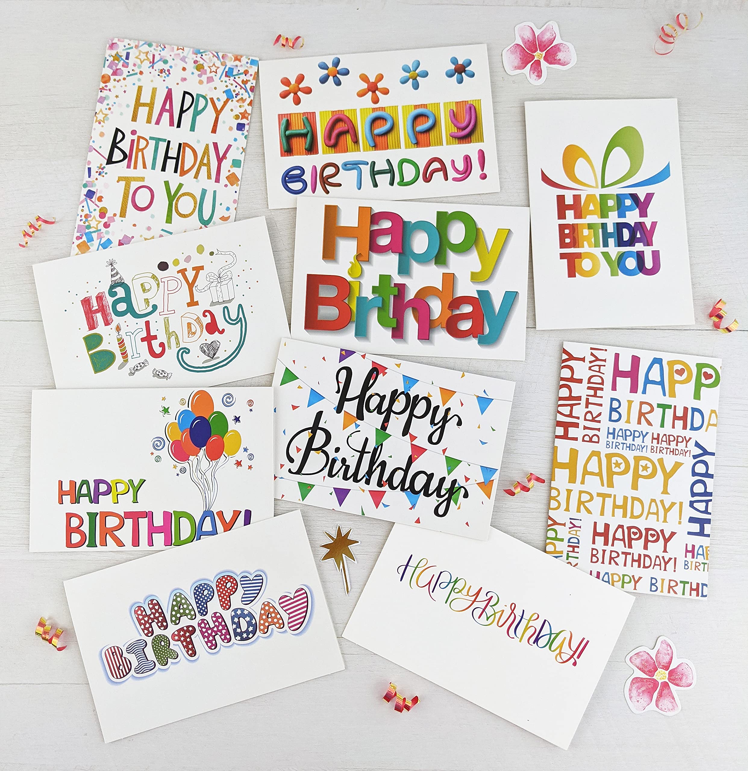 100 Happy Birthday Cards Bulk, Blank Inside with Envelopes and Stickers, – 20 Unique Bright Colorful Designs Notes, Large 5x7 Inches Folded, Thick Cardstock in a Sturdy Packaging