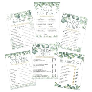 eucalyptus bridal games – set of 6 fun games, 25 double-sided cards each, includes he said she said, guest quest, what's in your phone, over or under, bridal shower love match, and would she rather?