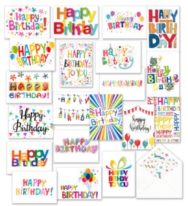 100 happy birthday cards bulk, blank inside with envelopes and stickers, – 20 unique bright colorful designs notes, large 5x7 inches folded, thick cardstock in a sturdy packaging