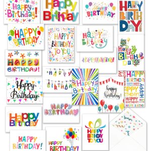 100 Happy Birthday Cards Bulk, Blank Inside with Envelopes and Stickers, – 20 Unique Bright Colorful Designs Notes, Large 5x7 Inches Folded, Thick Cardstock in a Sturdy Packaging