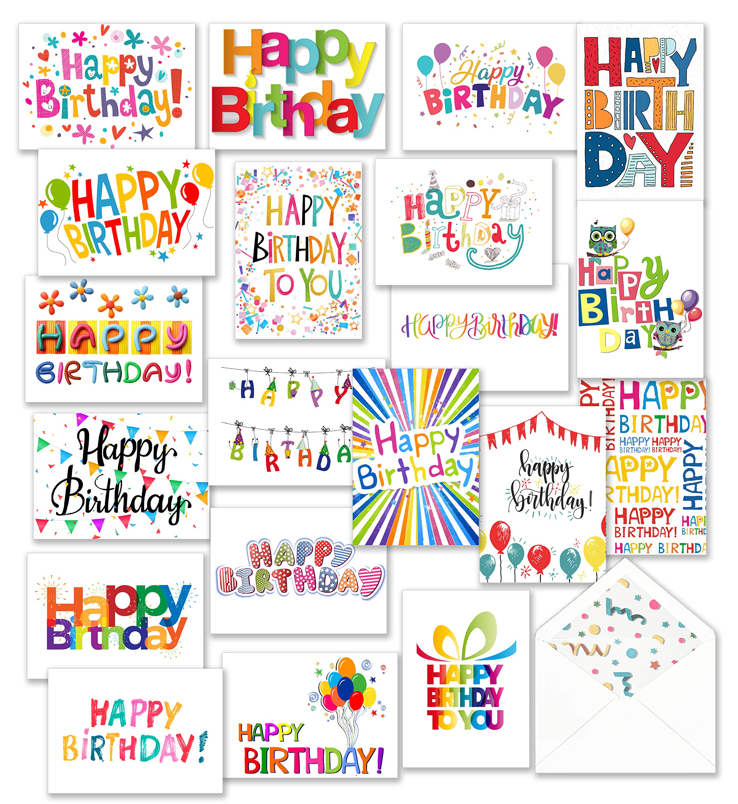 100 Happy Birthday Cards Bulk, Blank Inside with Envelopes and Stickers, – 20 Unique Bright Colorful Designs Notes, Large 5x7 Inches Folded, Thick Cardstock in a Sturdy Packaging