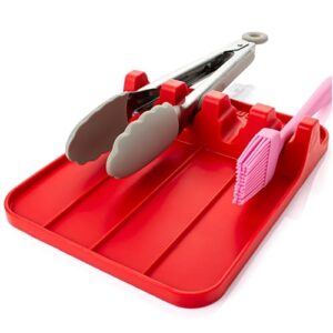 uhmer silicone spoon rest for multiple utensils, heat resistant utensil rest for stovetop, bpa-free kitchen utensil holder with drip pad (red)