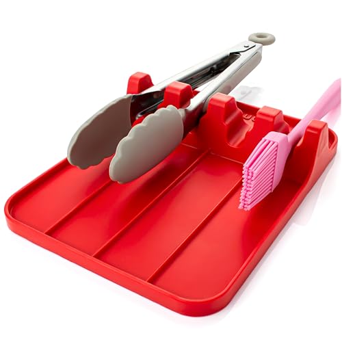 UHMER Silicone Spoon Rest for Multiple Utensils, Heat Resistant Utensil Rest for Stovetop, BPA-free Kitchen Utensil Holder with Drip Pad (Red)