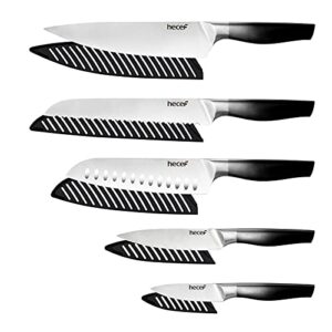 hecef gradient black kitchen knife set of 5, chef knife set with satin finished blade & hollow handle & protective sheaths, includes chef, santoku, bread, utility & paring knife