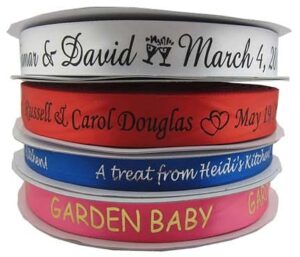 100 feet - personalized satin ribbon wedding favor christmas communion baptism christening sweet 16 sweet 15 baby shower bar bat mitzvah custom printed for party bridal quinceanera memorial