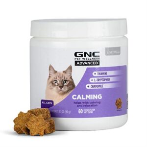 gnc pets advanced calming cat chews cats, 60 ct | chicken flavored cat soft chews for calming & relaxation | thiamine, l-tryptophan, & chamomile cat calming supplements | made in the usa