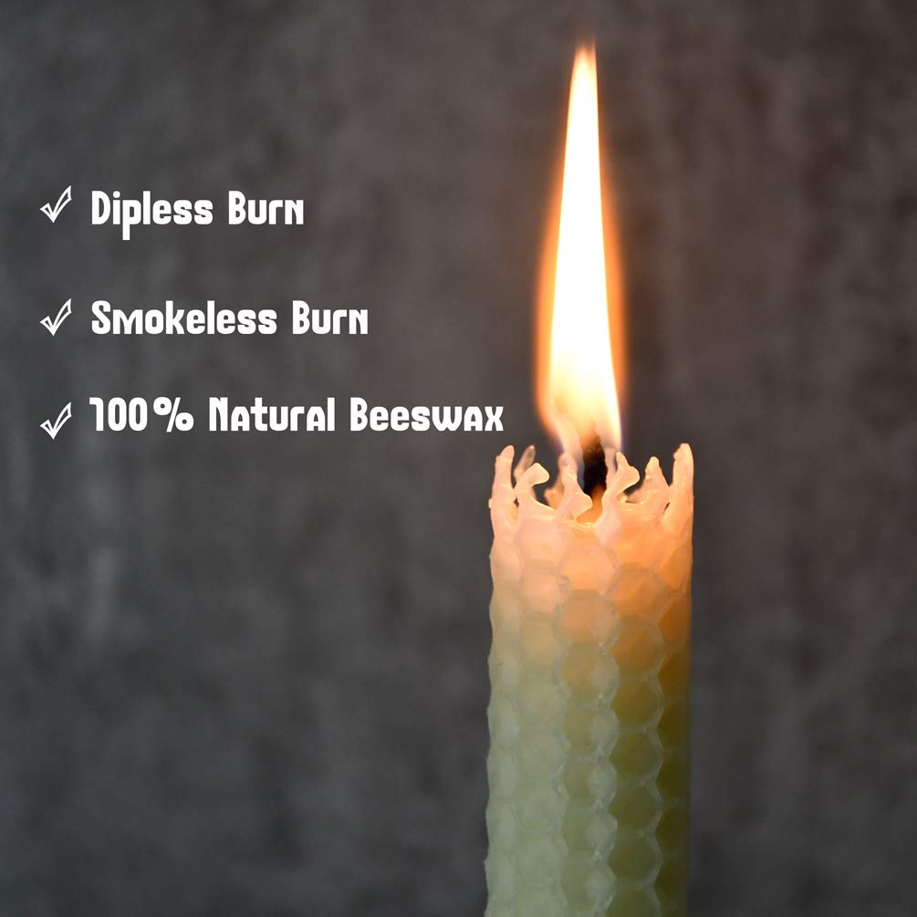 6 Count Beeswax Taper Candles Hand Rolled - Smokeless Dripless -Natural Scent - 8 Inch in Natural Yellow Color