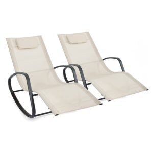 wecooper lounge chair, outdoor patio chaise lounges with detachable pillow for lawn, pool lounge chairs beige, twin pack