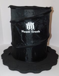 nauti floating trash can light weight collapsible floating trash can. perfect for water and outdoor activities. folds flat for easy storage when not in use. don’t be nauti, stash you trash!