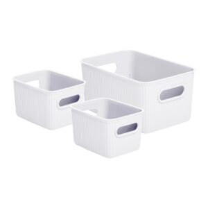 superio ribbed collection - decorative plastic open home storage bins organizer baskets, white (set of 3) 1 medium, 2 small - container boxes for organizing closet shelves drawer shelf