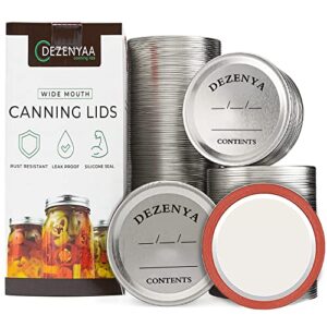 wide mouth canning lids, 100 count - sturdy metal lids with strong silicone seals that are perfect for meal preservation & food storage - fit for wide mouth mason jars - canning supplies by dezenyaa