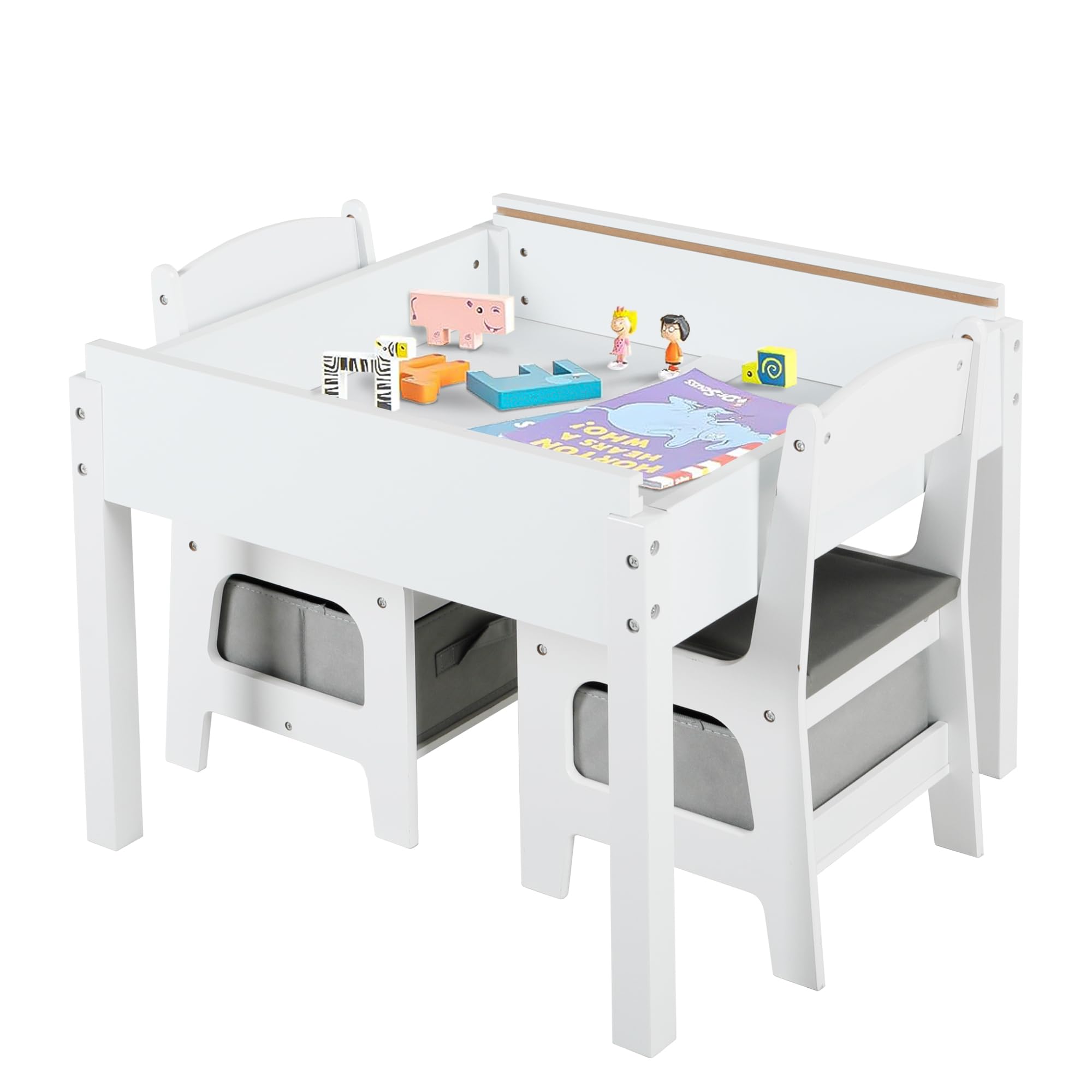 COEWSKE Kids Table and Chairs Set, 4 in 1 Toddler Desk and Chair Set with Storage, Wooden Activity Table for Toddlers Arts, Crafts, Drawing, Reading, Playroom,Gift for Boy & Girl (Gray)