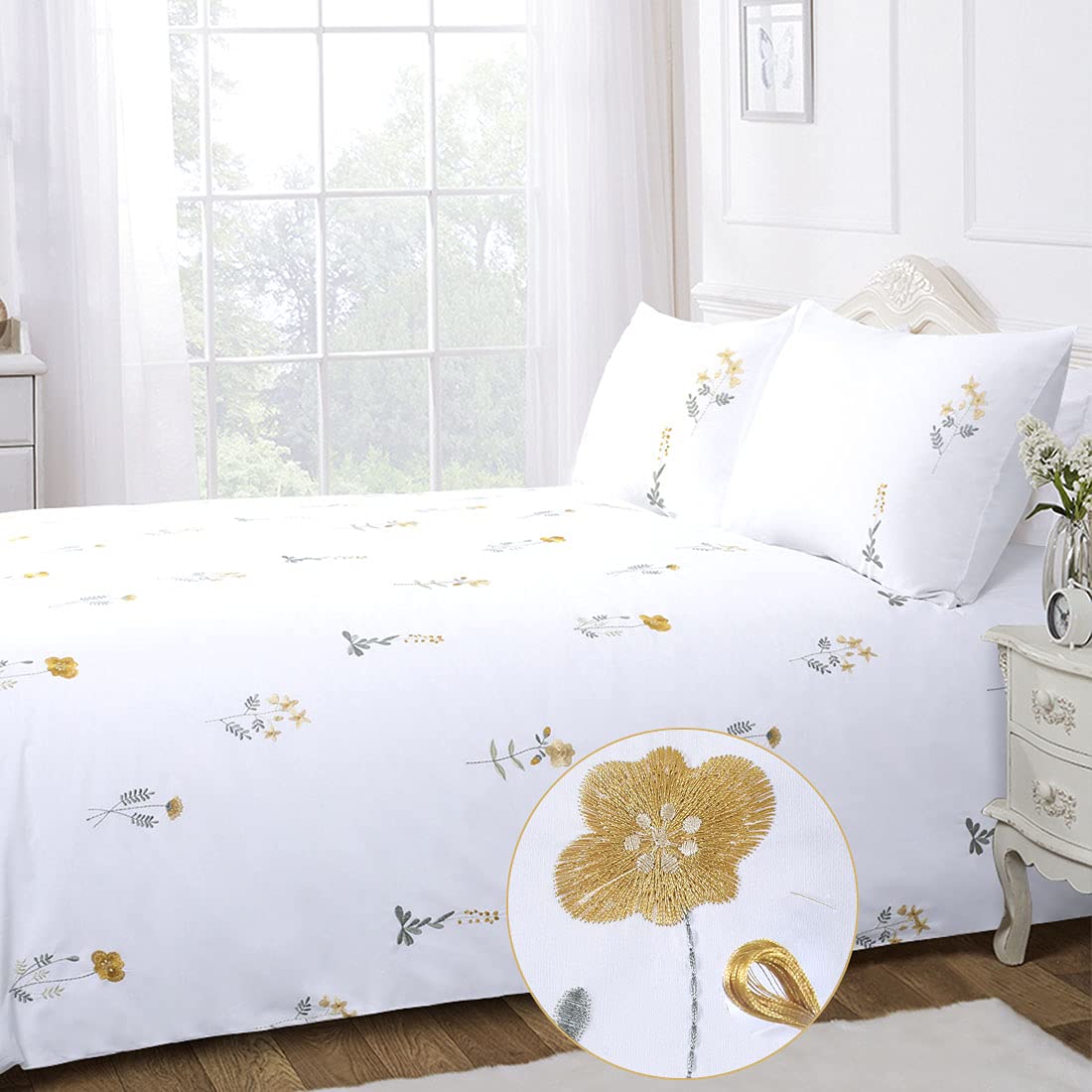 YINFUNG Floral Duvet Cover King Flower White Yellow Wildflower Spring Embroidered Cotton King Garden Green Elegant Botanical Blossom Fresh Sweet French Country Bedding Set 3 Pieces 104x90