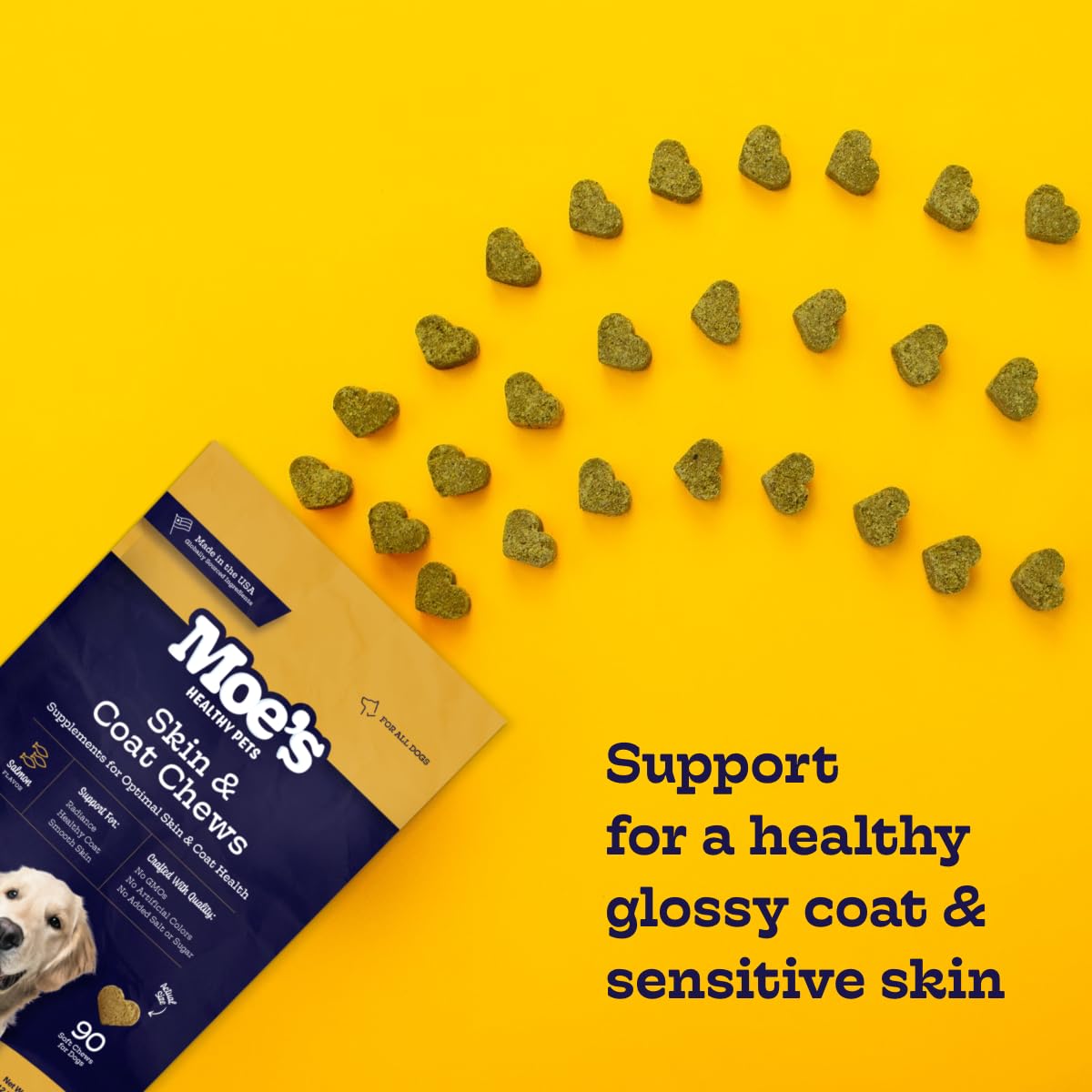 Moe’s Skin & Coat Omega 3, 6, 9 and Vitamin Supplement for Dogs- Supports Dryness, Itch Relief, & Thick, Shiny Coats- Premium Wild Alaskan Salmon Oil- For All Ages and Breeds- 90 Salmon Flavored Chews