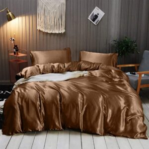 silk satin sheets, 1 silk fitted sheet with 15 inch deep pockets, 1 silk flat sheet, 1 silk duvet set, 4 silk pillowcase hotel luxury silk bed sheets set !!! brown/king