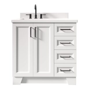 ARIEL 37" White Bathroom Vanity with 1.5" Edge Pure White Quartz Countertop & Backsplash, Left Rectangular Sink, 2 Soft Closing Doors, 5 Full Extension Dovetail Drawers, Toe Kick, Matte Black