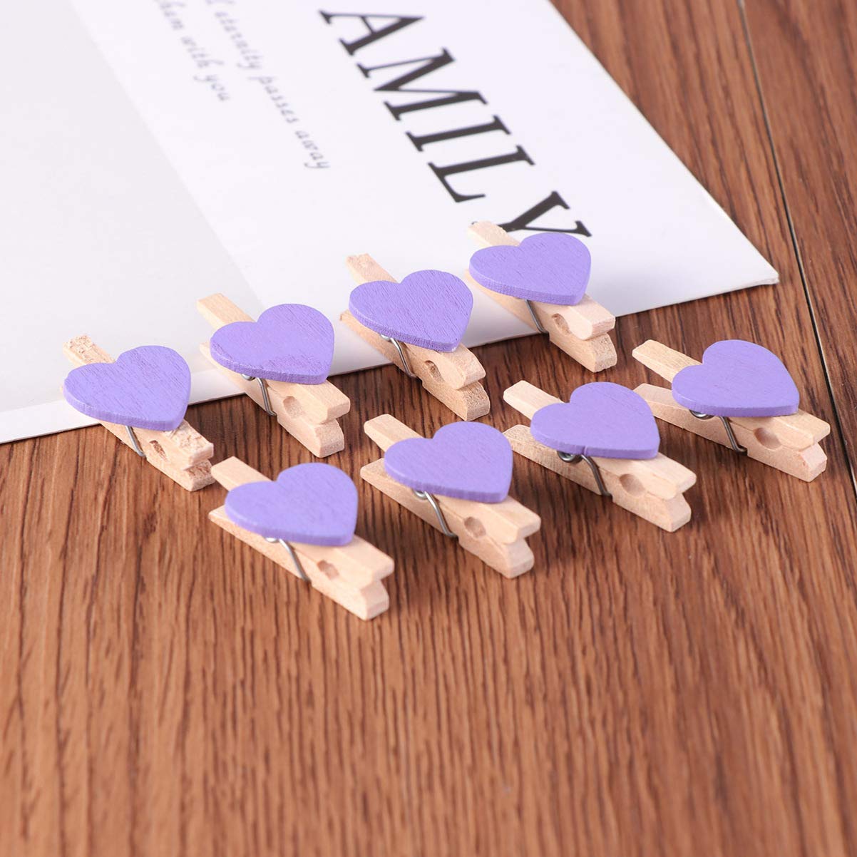 NUOBESTY Woodsy Decor 50pcs Mini Wooden Clips Clothespins Crafts Clips with Hearts for Wedding Party Valentines Day Decoration Purple Trendy Decor