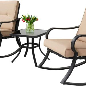 Incbruce 3 Piece Patio Bistro Set Outdoor Rocking Chairs Set, Porch Patio Conversation Chairs Set of 2 with Glass-Top Coffee Table (Brown Thickened Cushion)