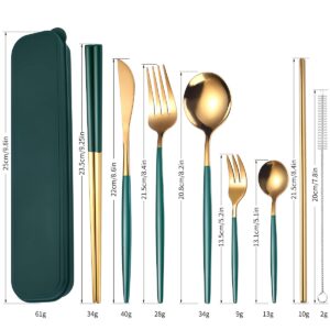 AARAINBOW 8 Pieces Stainless Steel Flatware Set Portable Reusable Cutlery Set Travel Utensils Set Including Chopsticks Knife Fork Spoon Straws Cleaning Brush Dishwasher Safe (Green Golden)