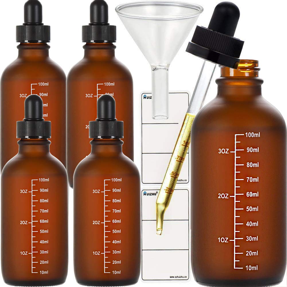 HUIZHU 5PCS 120ml Amber Glass Dropper Bottles Liquid bottling Refillable Bottles Dispensing bottle with Dropper Pipettes for Essential Oils/Beauty Oil Mix,Blends (120ML X 5PCS)