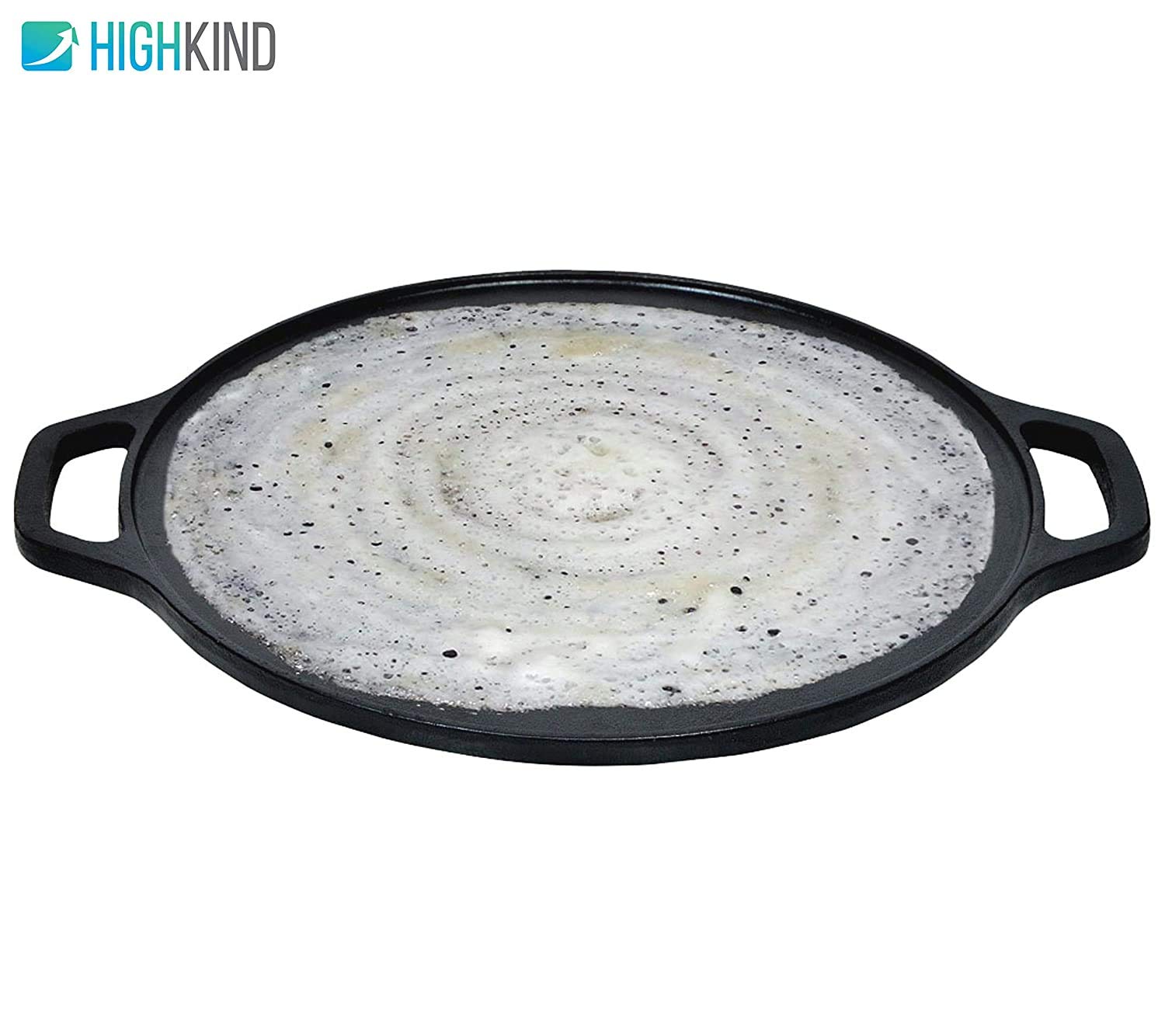 Highkind Pre-Seasoned Cast Iron Dosa Tawa with Premium Extra Coating (12 inches) Perfect for Cooking on Gas, Induction and Electric Cooktops,Black