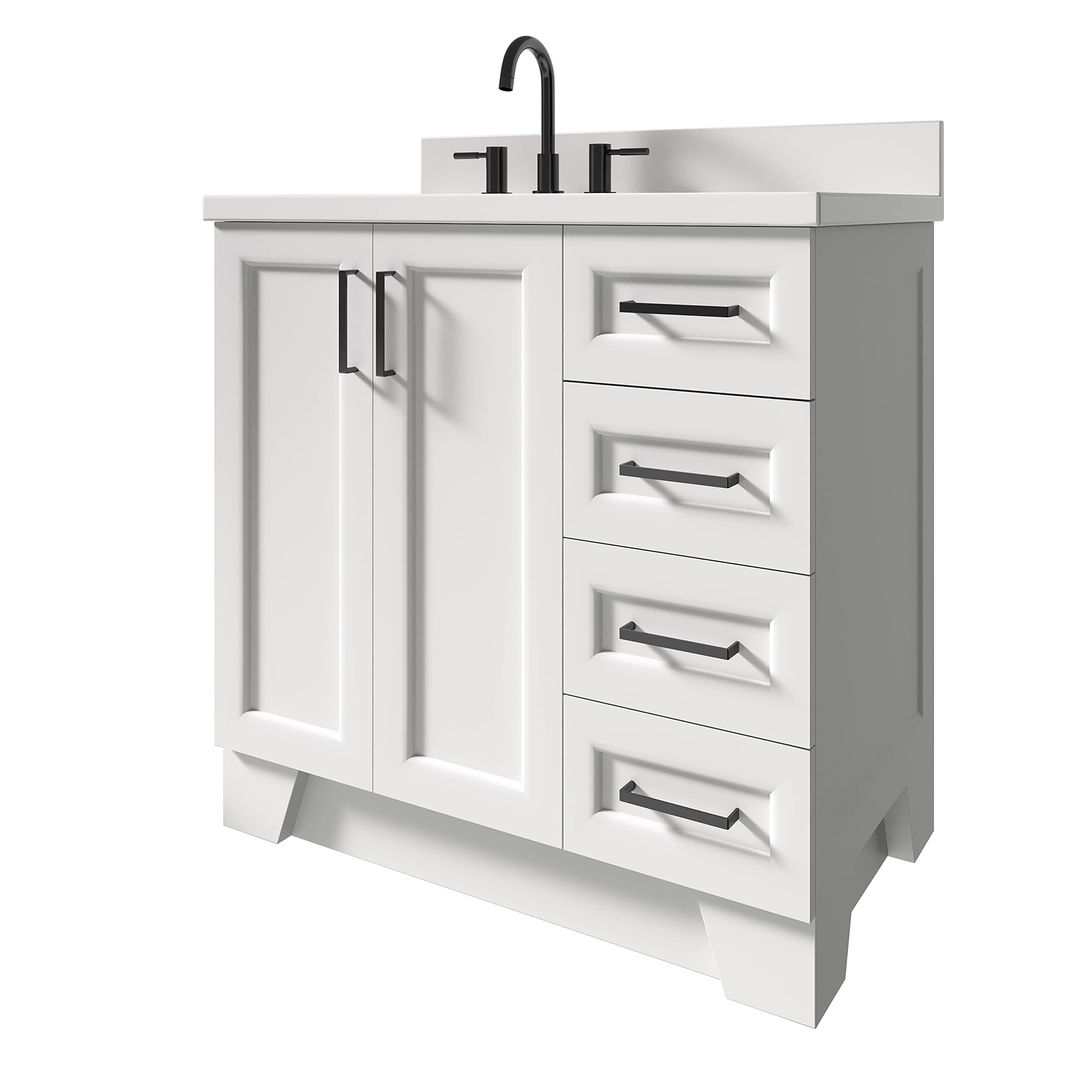 ARIEL 37" White Bathroom Vanity with 1.5" Edge Pure White Quartz Countertop & Backsplash, Left Rectangular Sink, 2 Soft Closing Doors, 5 Full Extension Dovetail Drawers, Toe Kick, Matte Black