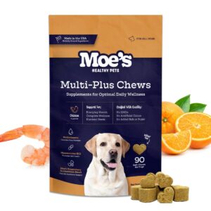 moe’s 5-in-1 essential dog multivitamin -supports dog's heart, immunity, skin, coat, & overall health- vitamins a, b12, c, d, e, antioxidants, omega 3- for all ages & breeds- 90 chicken flavored chews