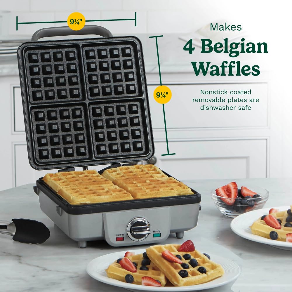 Cuisinart WAF-300P1 4-Slice Belgian Waffle Maker and Pancake Plate Bundle with Grill Brush, and 2 x Stainless Steel Tongs (4 Items)