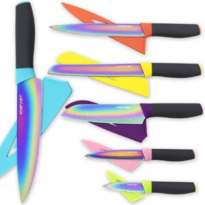 knifast kitchen knife set rainbow titanium coated - 12 pcs knife set with blade guards, dishwasher safe, razor sharp german stainless steel blade and comfortable handle