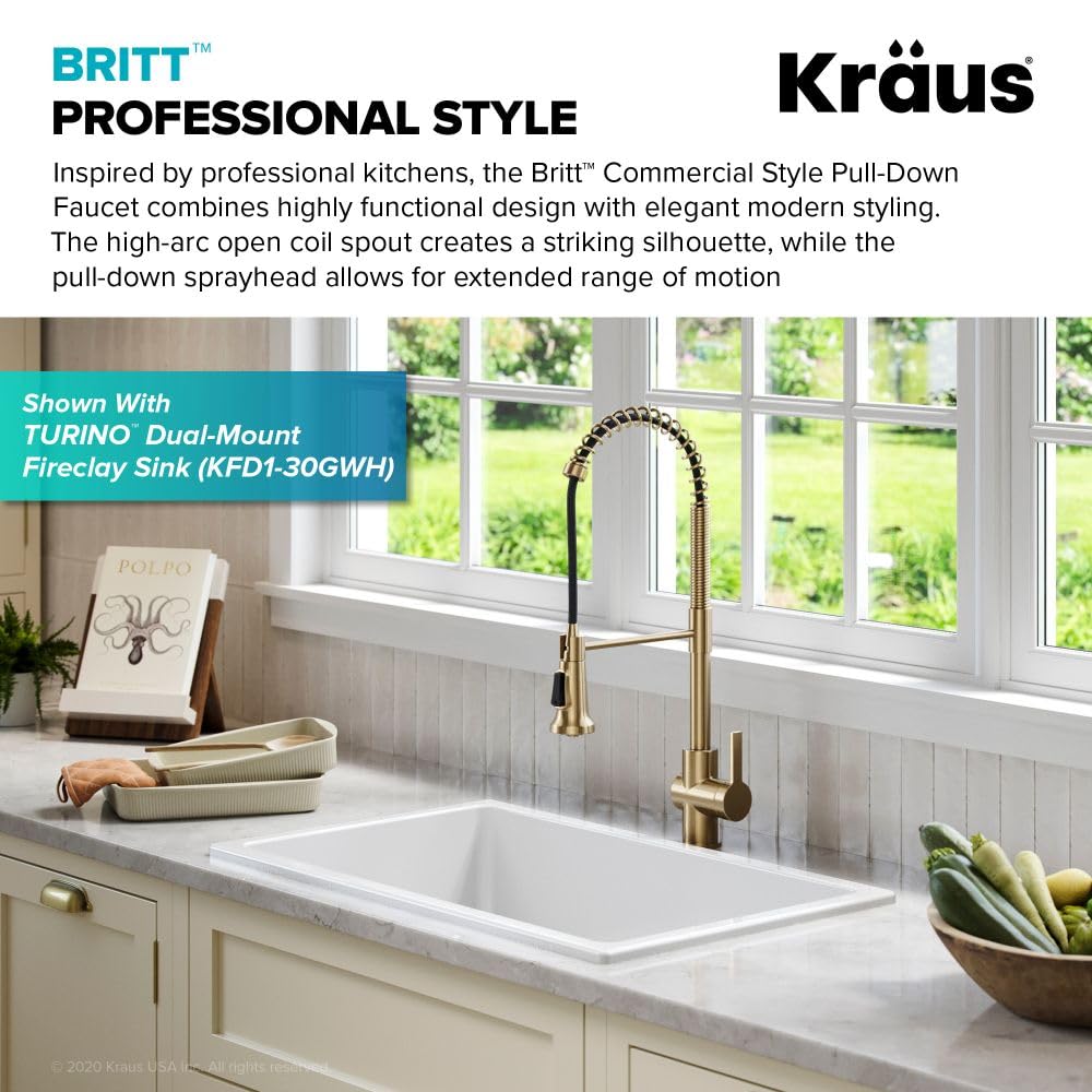 KRAUS Britt 2nd Gen Commercial Style Pull-Down Single Handle Kitchen Faucet in Spot Free Antique Champagne Bronze, KPF-1691SFACB